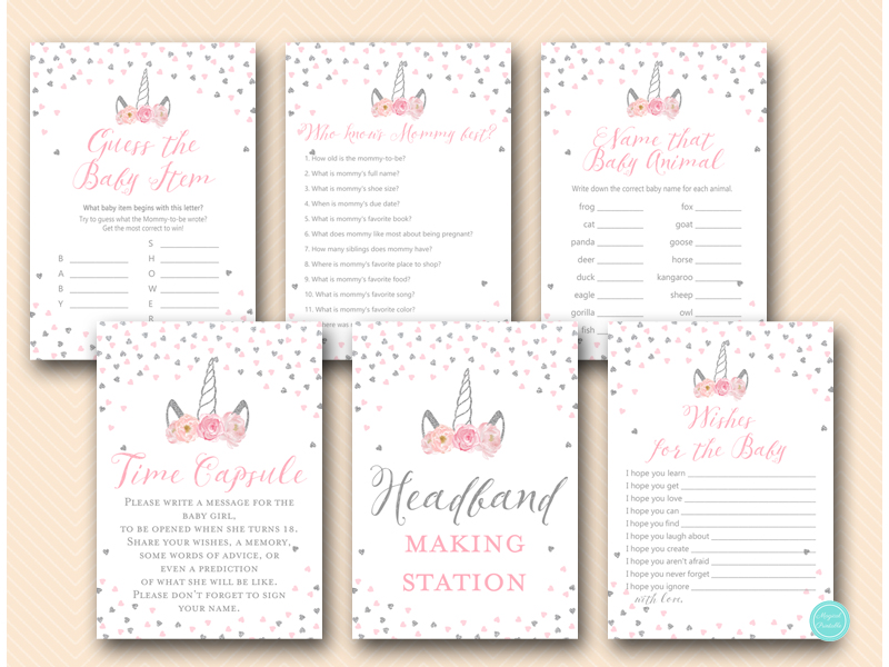 Pink Silver Unicorn Baby Shower Games Package – Printabell • Express