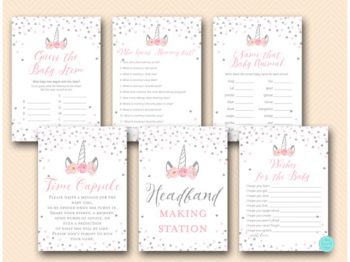 Pink Silver Unicorn Baby Shower Games Package – Printabell • Express
